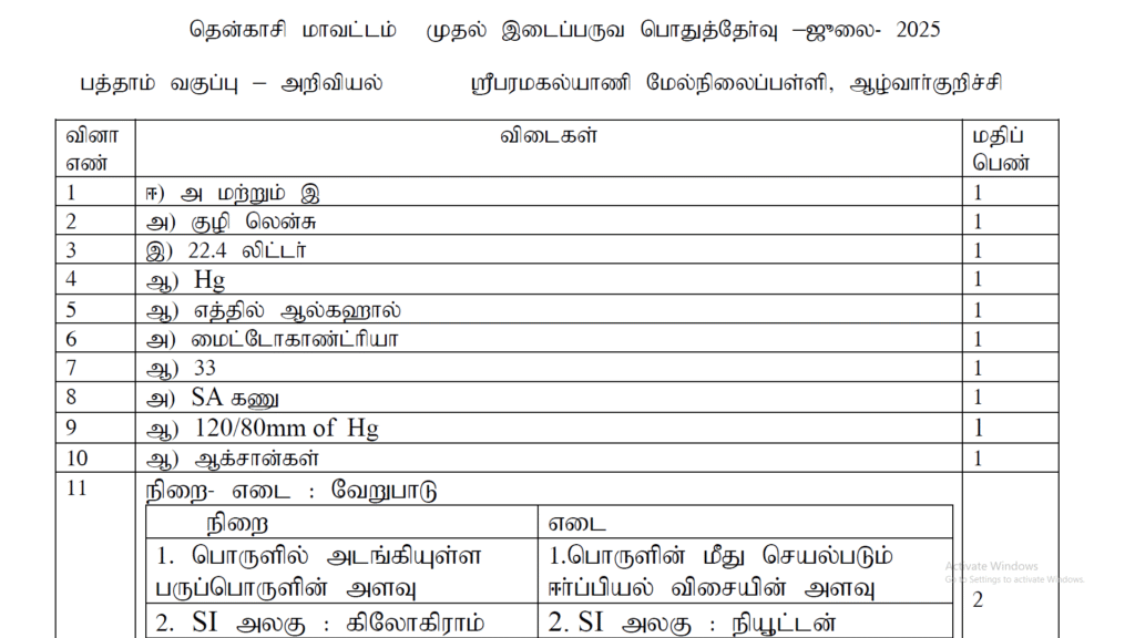 10th Science First Mid Term Test Answer Key TM 2025 Tenkasi Dt : Kalvi ...