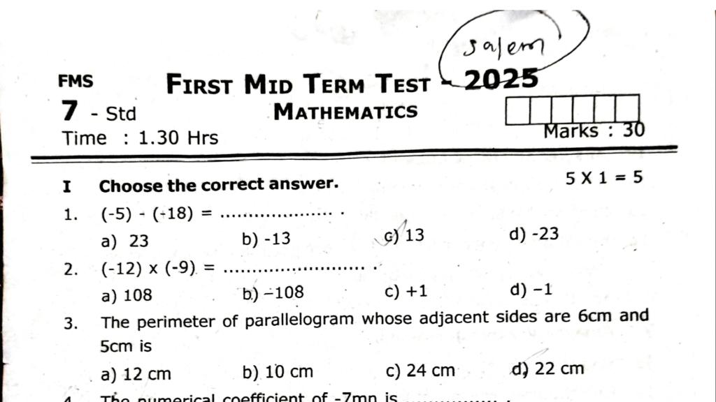 7th Maths First Mid Term Test Question Paper Em 2025 Salem Dt Kalvi Nesan