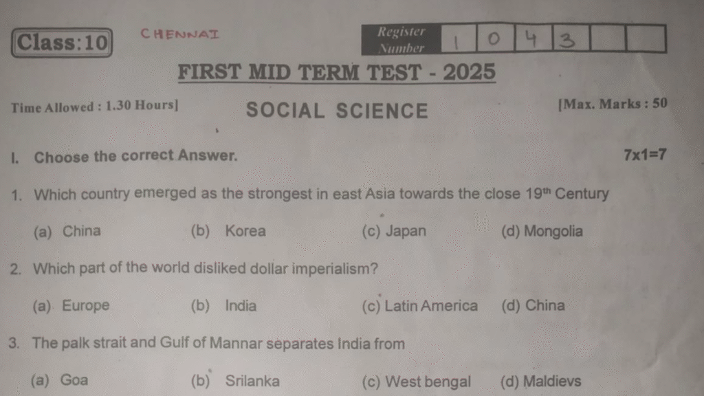 10th Social Science First Mid Term Test Question Paper EM 2025 Chennai ...