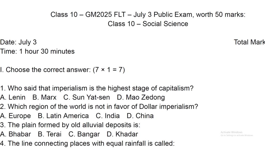 10th Social Science Monthly Test Question Paper English Medium 2025 ...