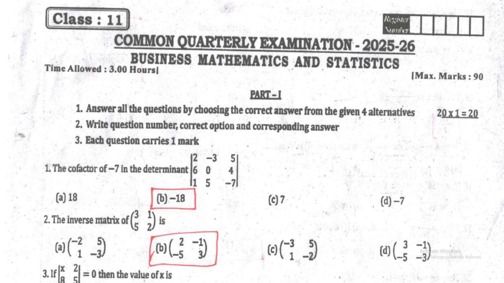 11th Business Maths & Statistics Quarterly Exam Question Paper With ...