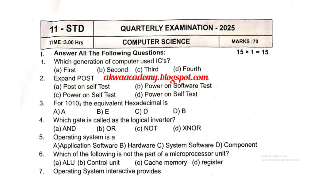 11th Computer Science Quarterly Exam Question Paper EM 2025 Tirupathur Dt : Kalvi Nesan