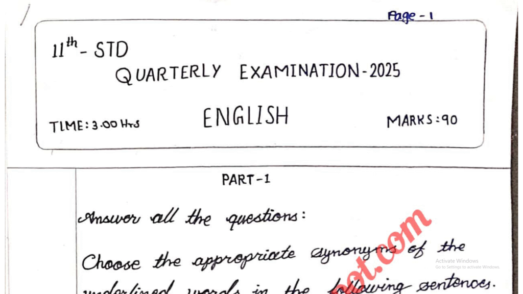 11th English Quarterly Exam Full Answer Key 2025 Tirupathur Dt : Kalvi ...