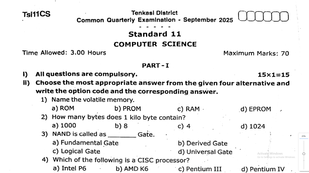 11th Computer Science Quarterly Exam Question Paper English Medium 2025 Tenkasi Dt : Kalvi Nesan