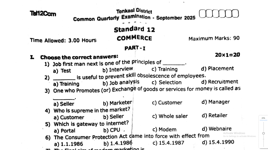 12th Commerce Quarterly Exam Question Paper English Medium 2025 Tenkasi ...